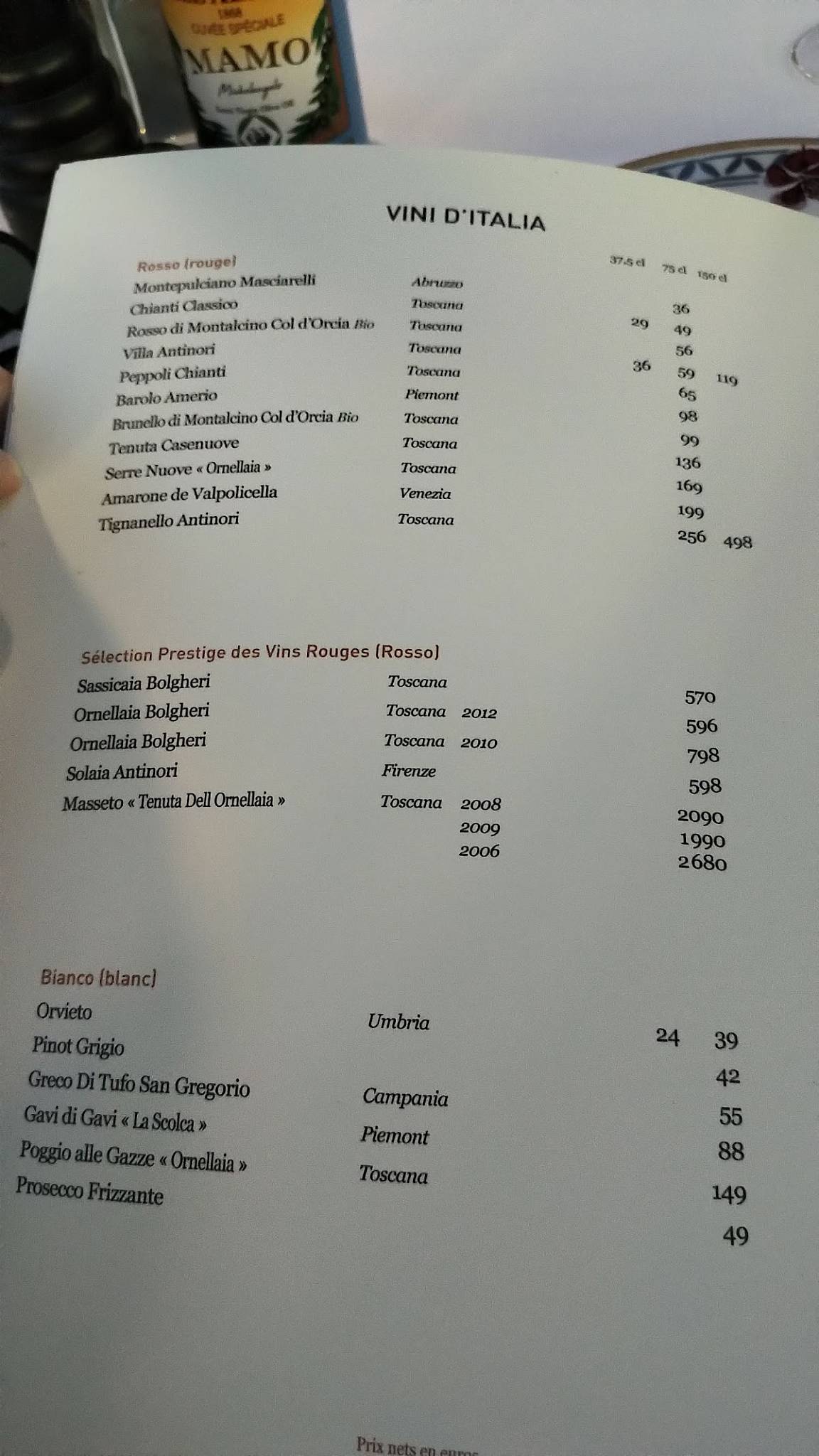 Menu at Mamo Michelangelo pizzeria, Antibes