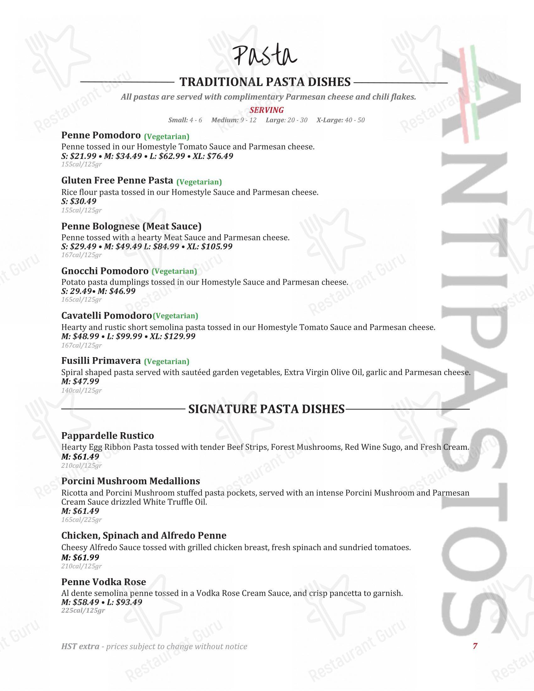 Menu at Antipastos restaurant, St. Catharines