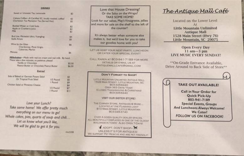 Menu at Antique Mall Cafe, Little Mountain