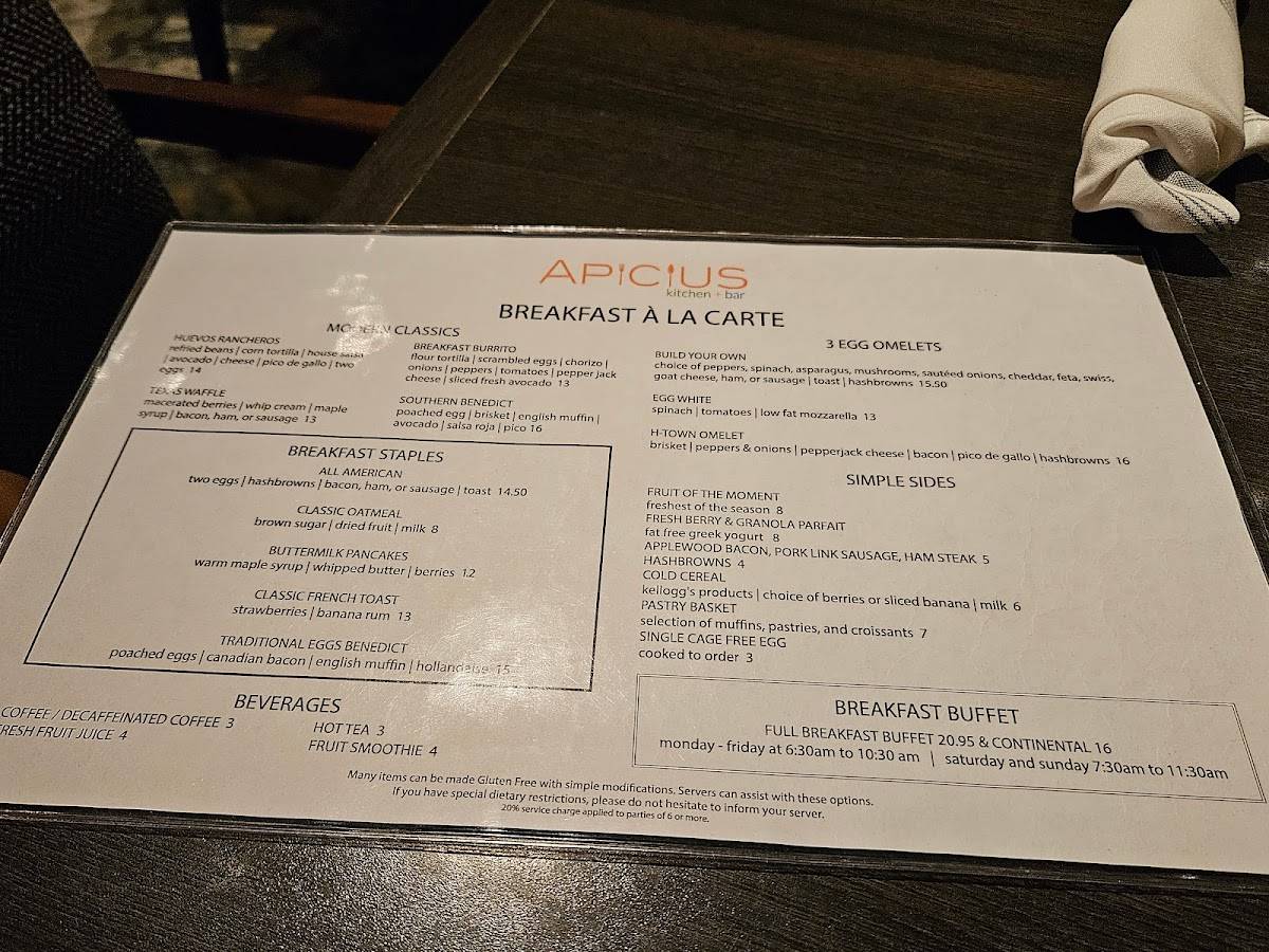 Menu at Apicius Open Kitchen restaurant, Houston