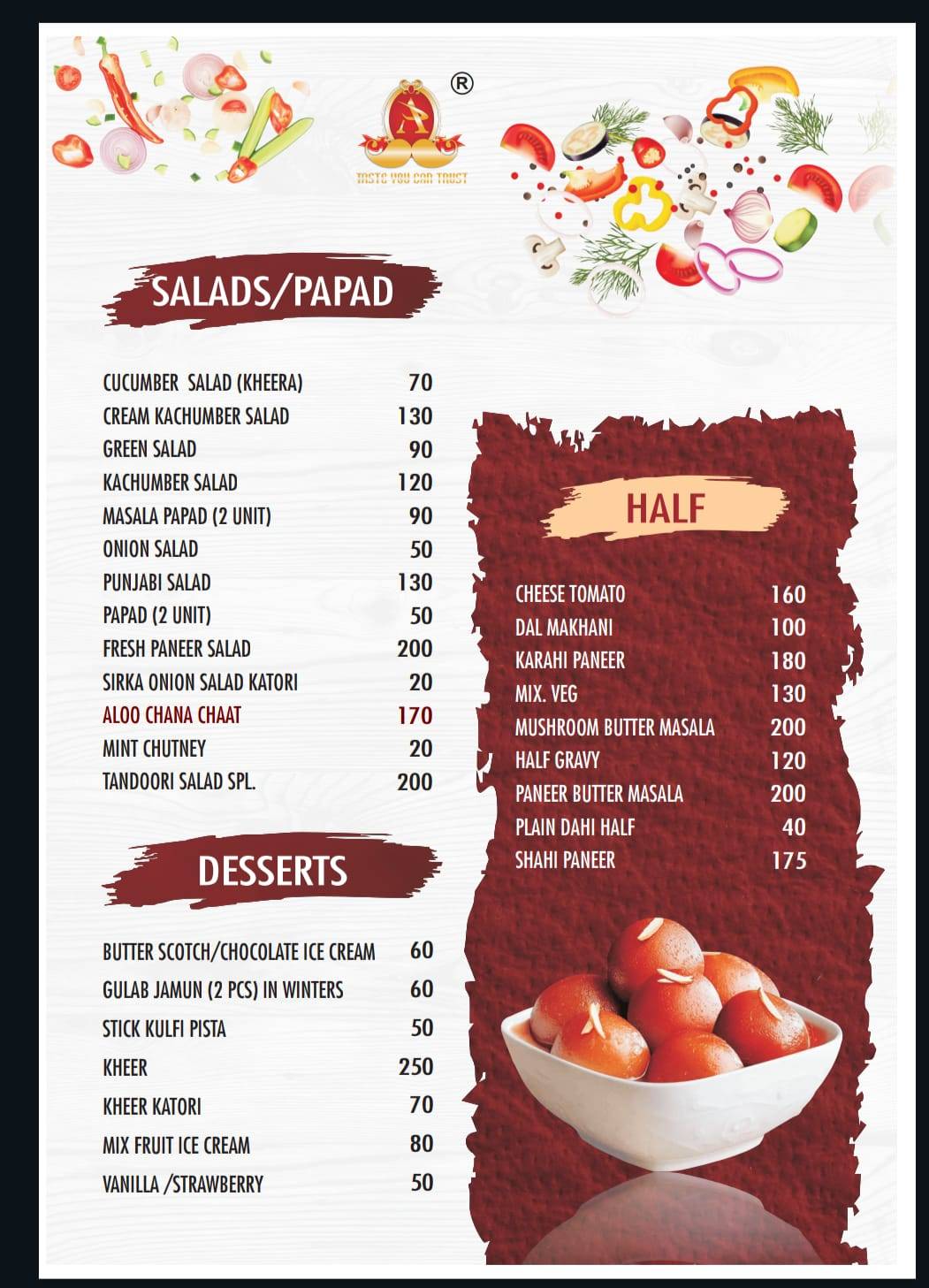 Menu at Apna Punjabi Dhaba, Phagwara