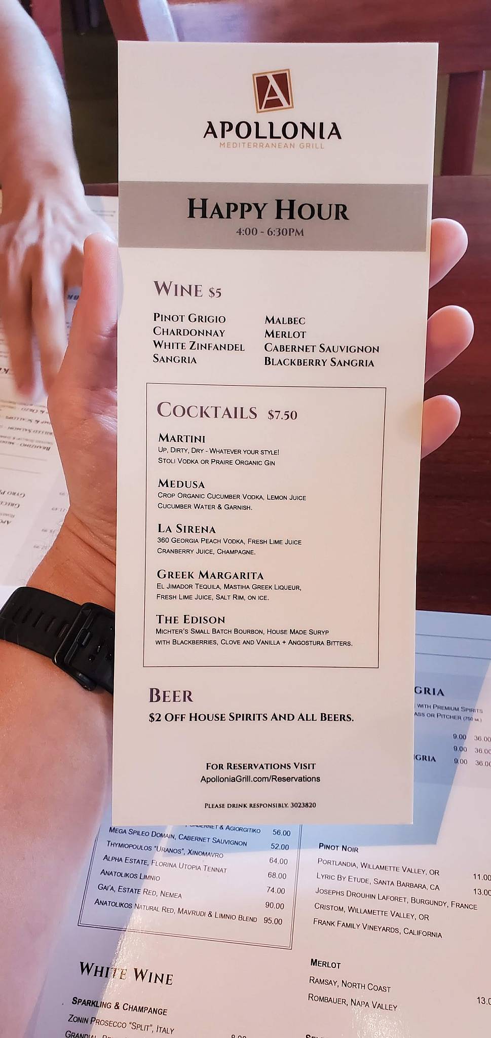 Menu at Apollonia Grill restaurant, Sarasota, Cooper Creek Blvd