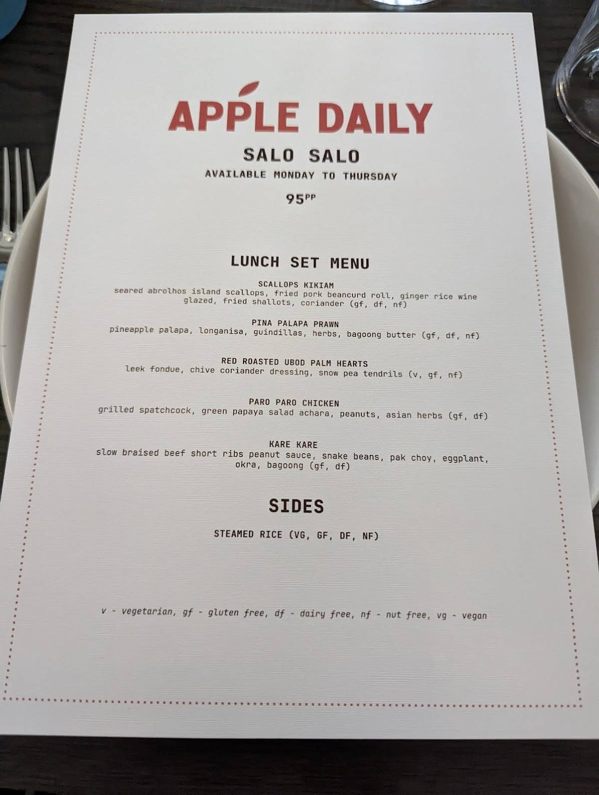 Menu at Apple Daily restaurant, Perth