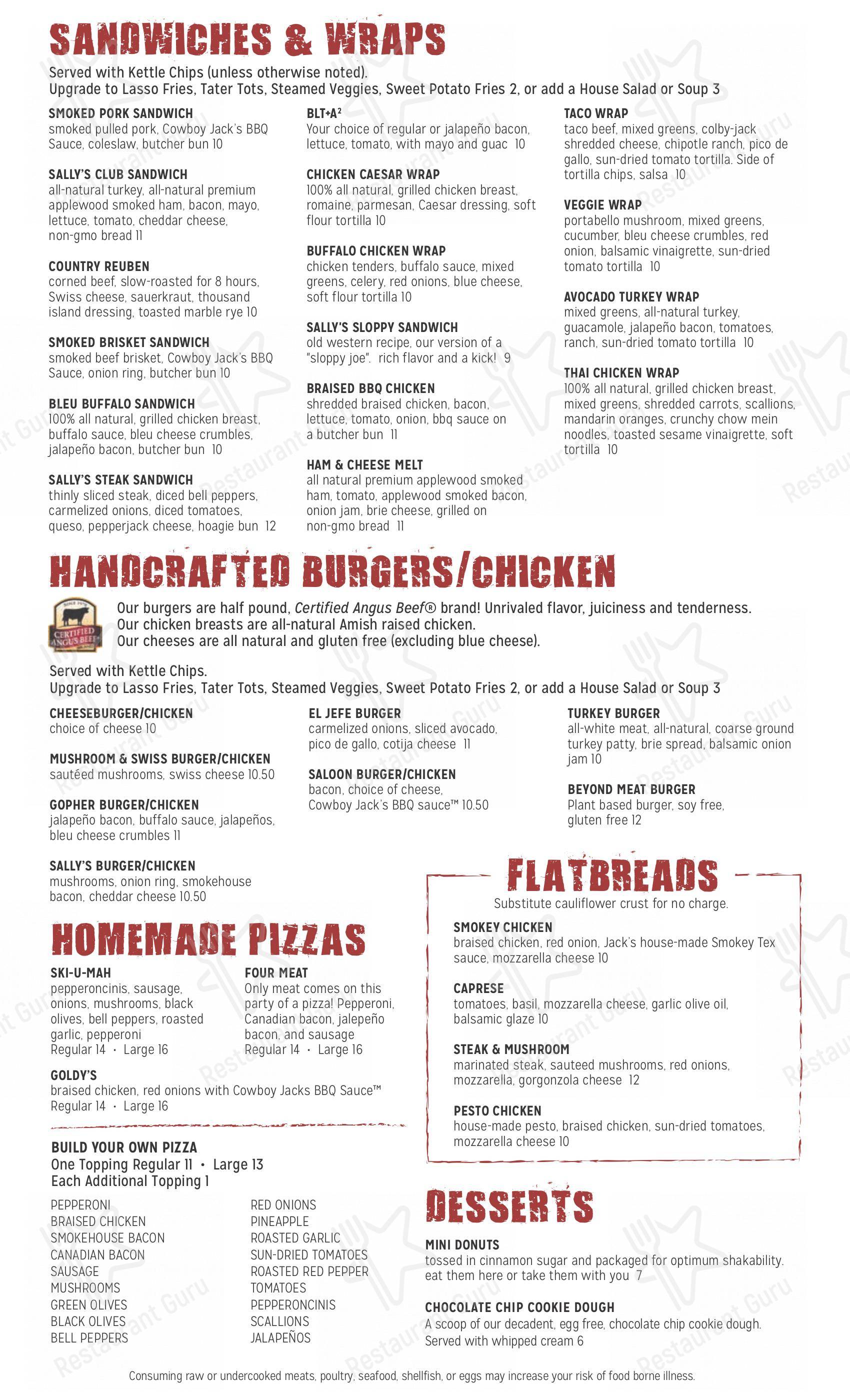 Menu at Cowboy Jack's pub & bar, Apple Valley