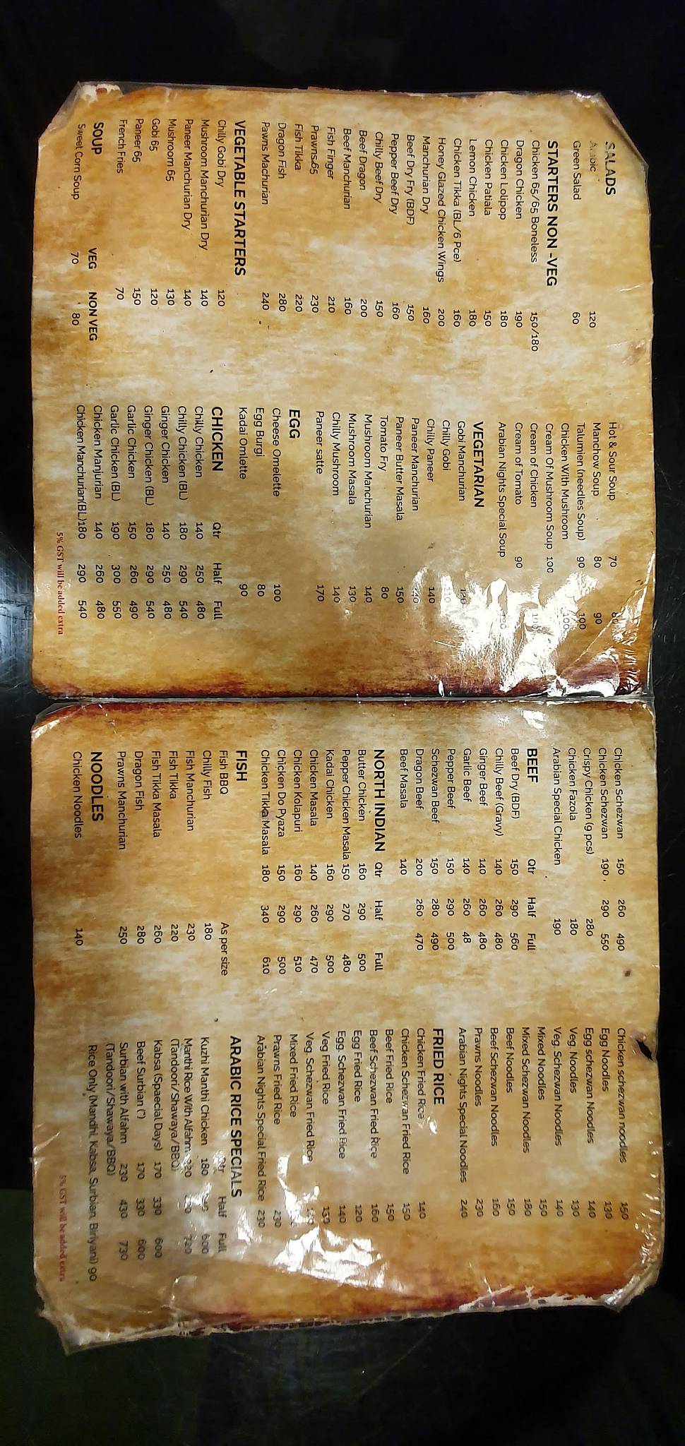 Menu at Arabian Nights Restaurant, Changanassery, Near KTDC Tamarind