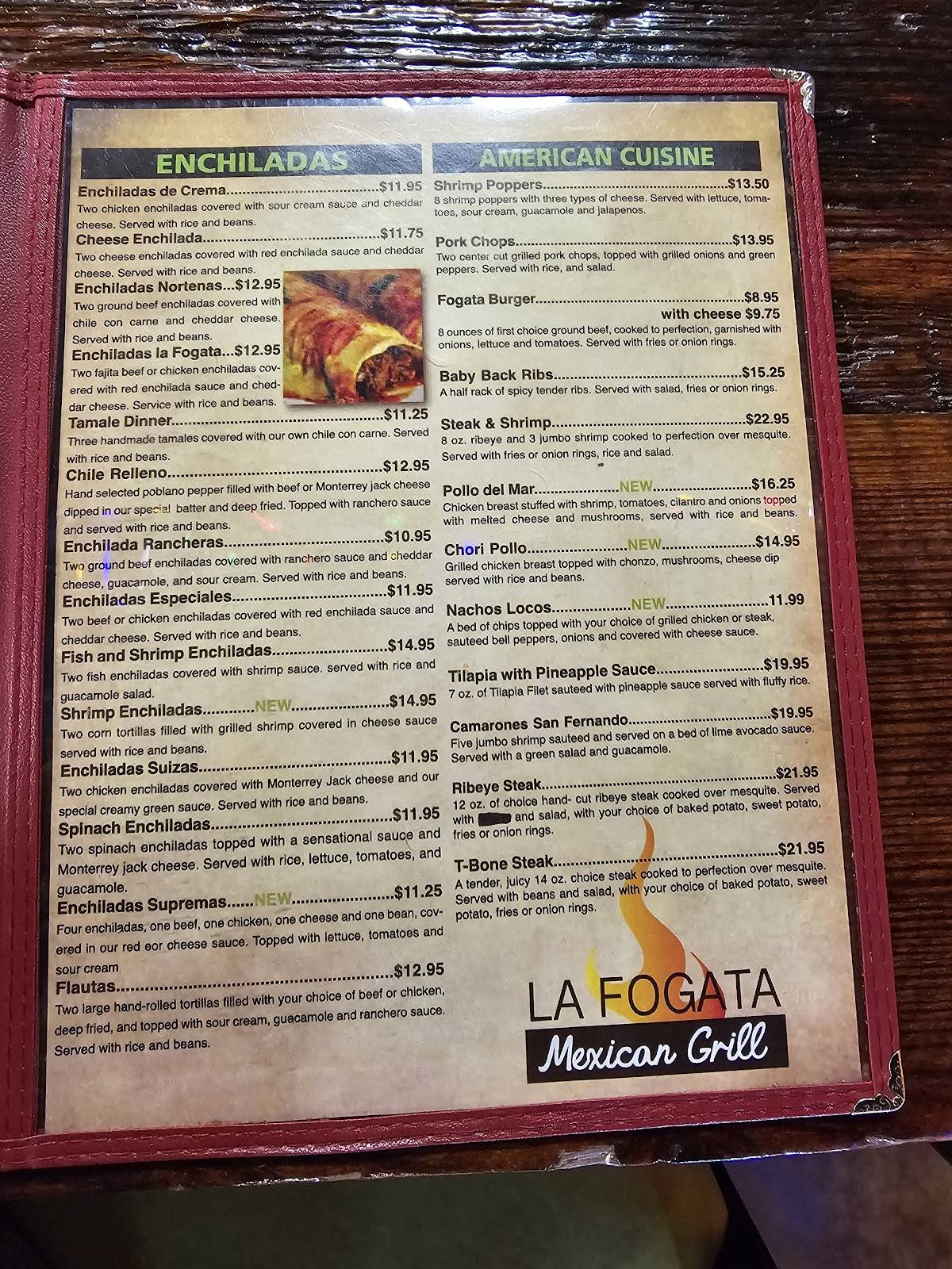 Menu at La Fogata restaurant, Arcadia, 594 Gap Farms Rd