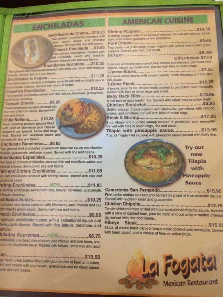 Menu at La Fogata restaurant, Arcadia, 594 Gap Farms Rd