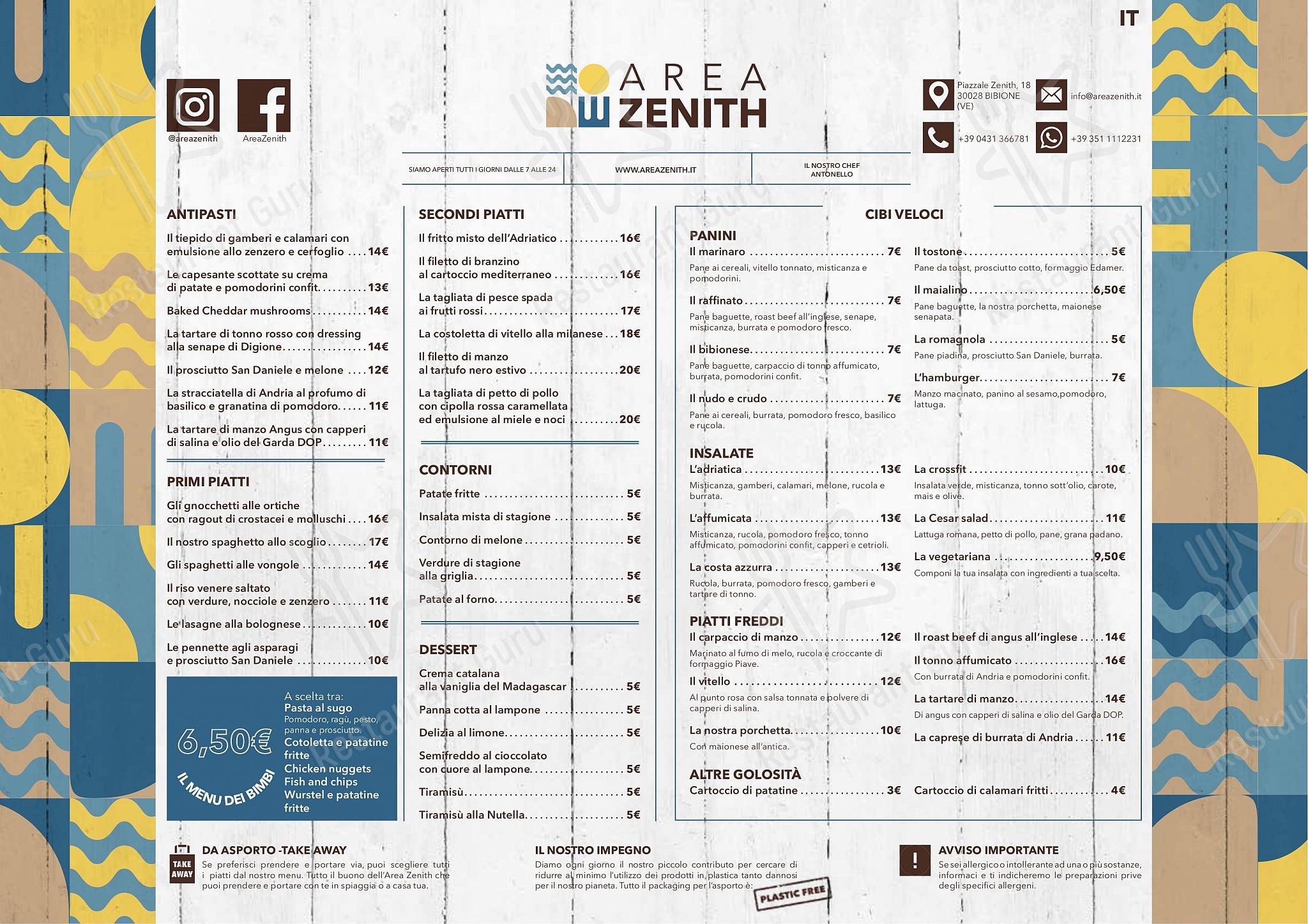 Menu da Area Zenith ristorante, Bibione