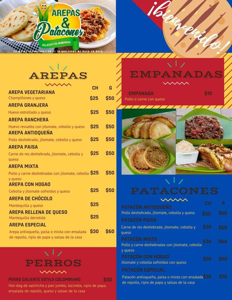 Menu at Arepas y Patacones restaurant, Ecatepec de Morelos