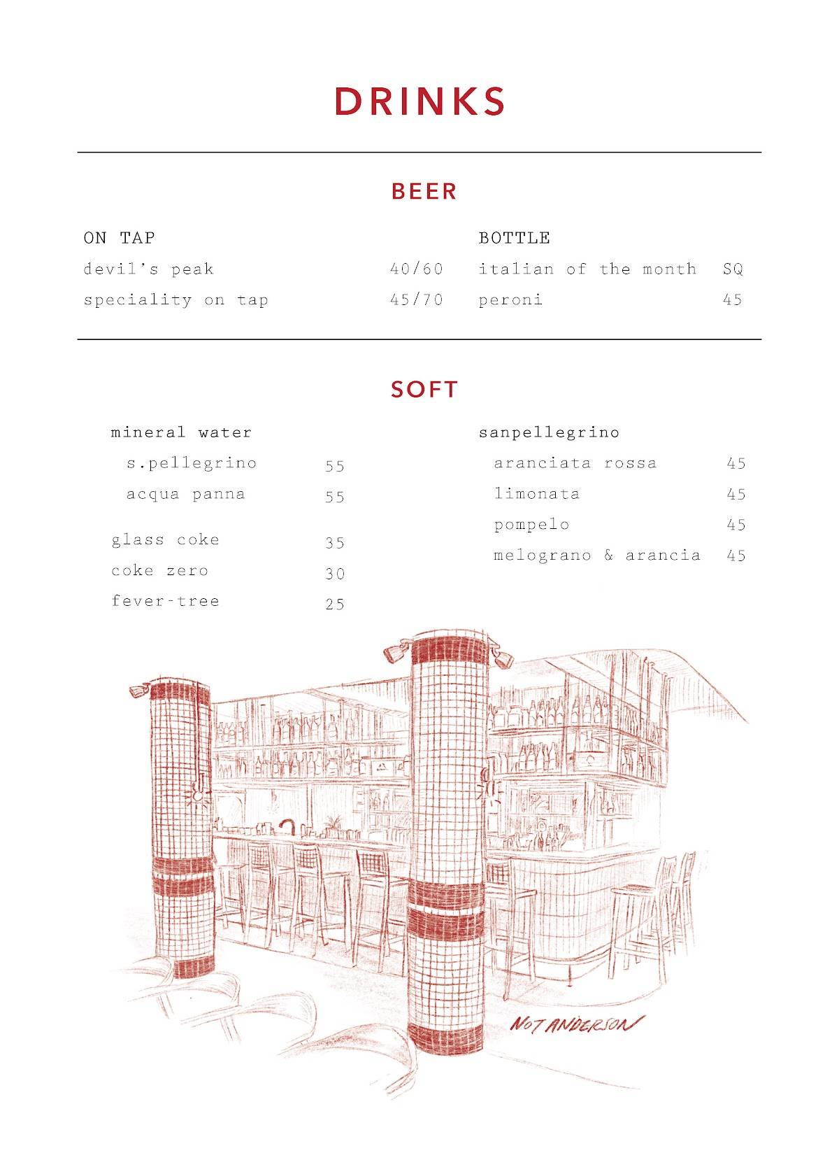 Menu at Ariel Modern Italian restaurant, Cape Town