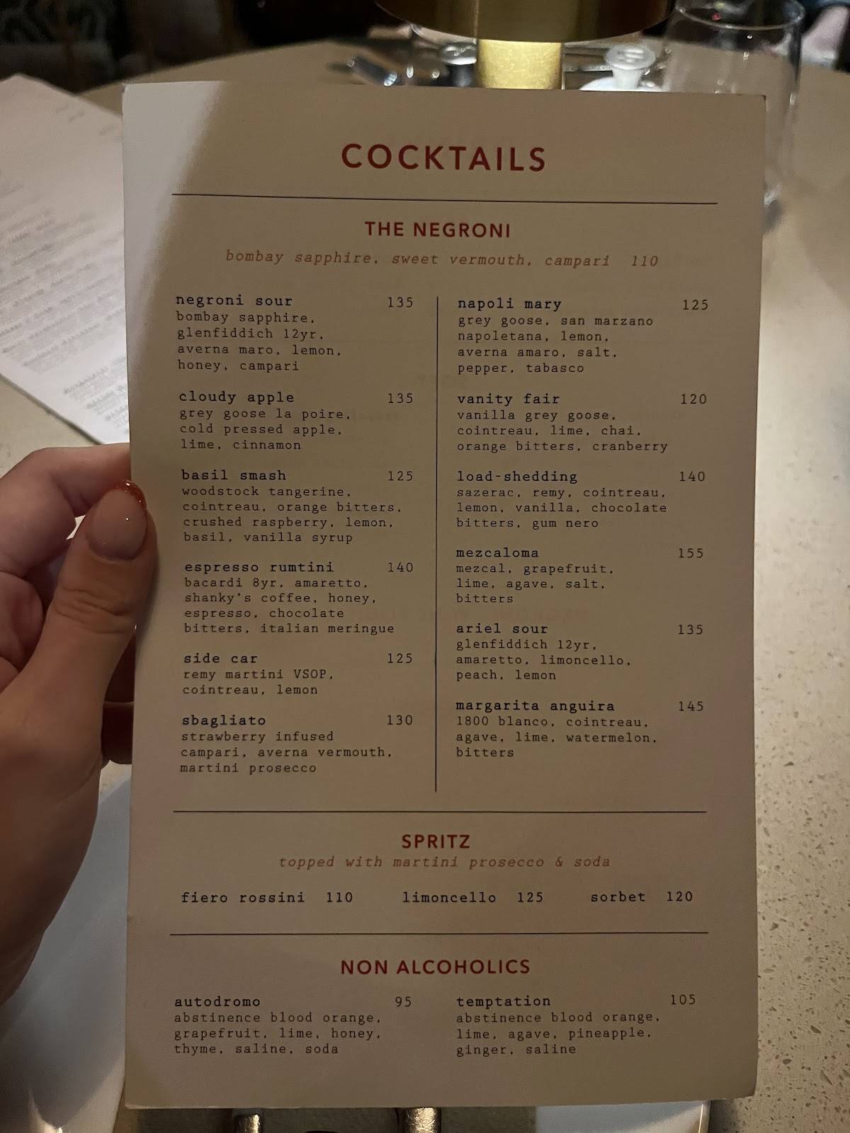 Menu at Ariel Modern Italian restaurant, Cape Town