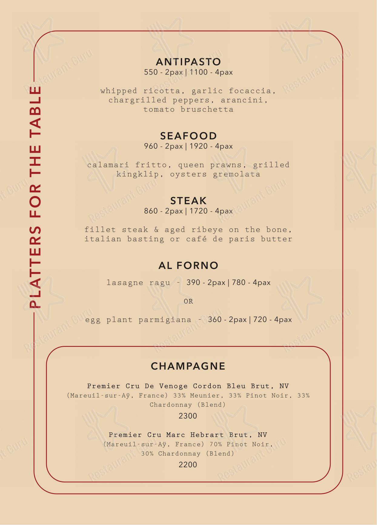 Menu at Ariel Modern Italian restaurant, Cape Town