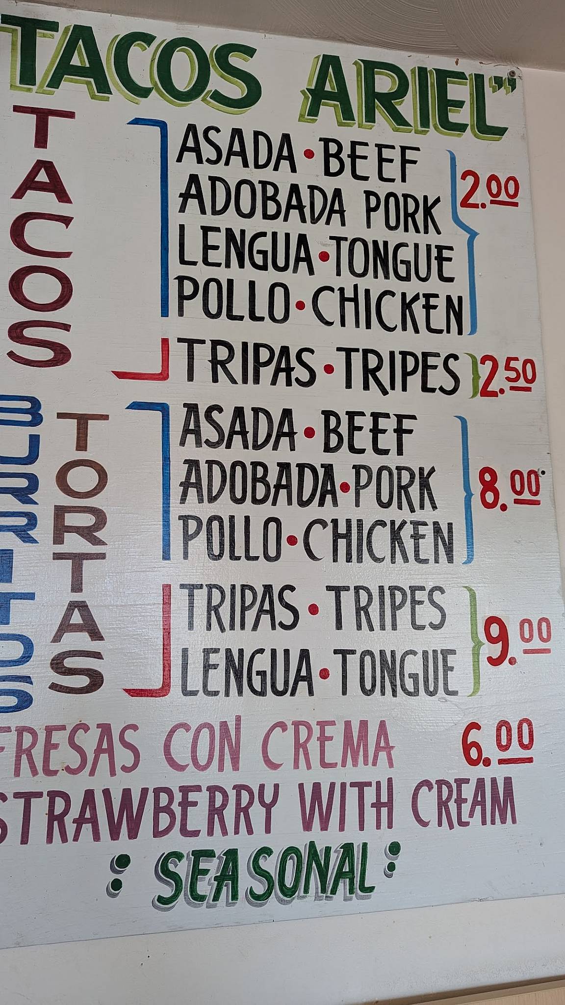 Menu at Ariel's Taqueria (Tacos Ariel) restaurant, Yakima