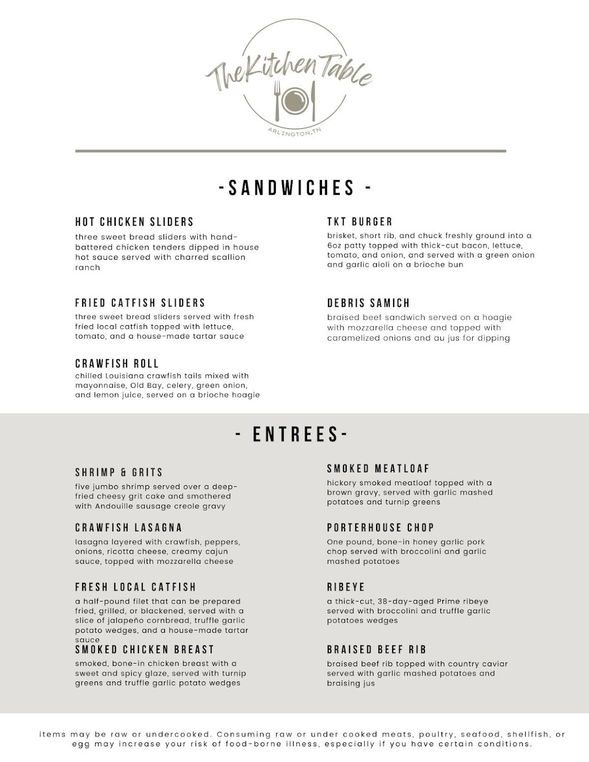 Menu at The Kitchen Table restaurant, Arlington
