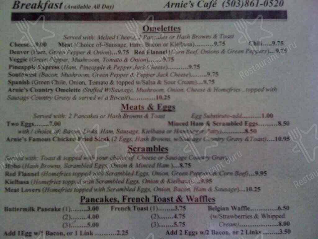 Menu at Arnie's Cafe, Warrenton