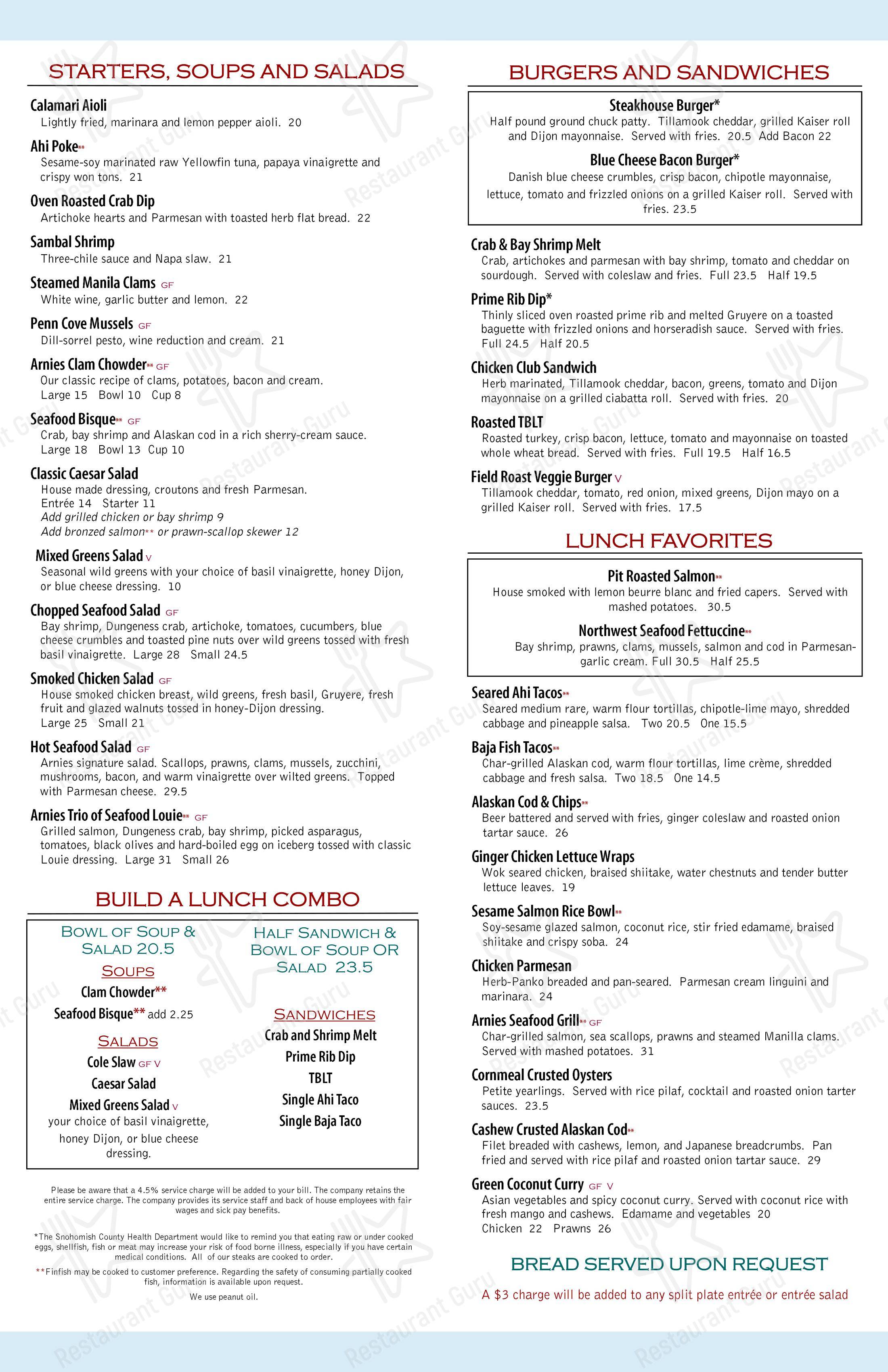 Menu at Arnies Restaurant, Edmonds