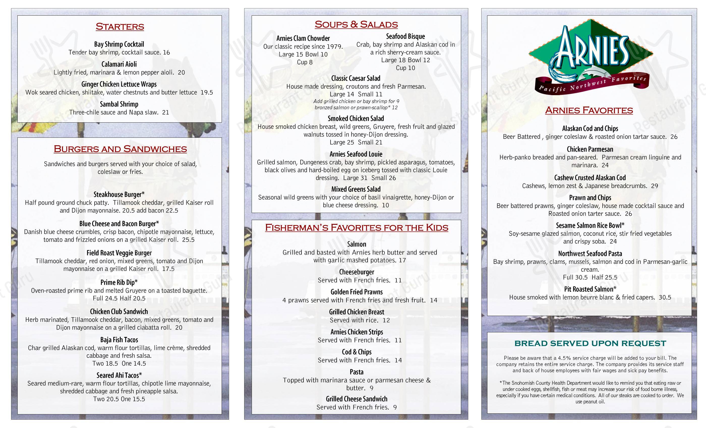 Menu at Arnies Restaurant, Edmonds