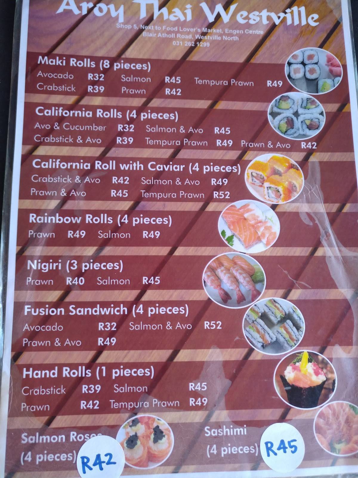 Menu at Aroy Thai Westville restaurant, Durban, shop 5
