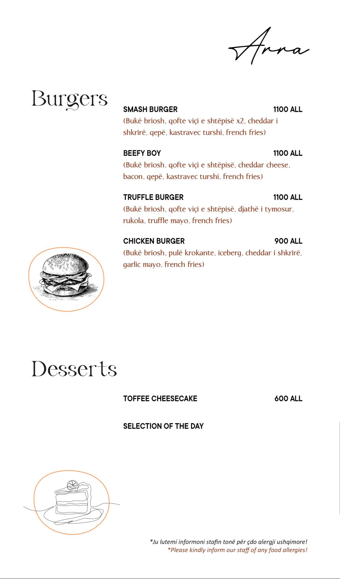 Menu at Arra Restaurant, Tirana