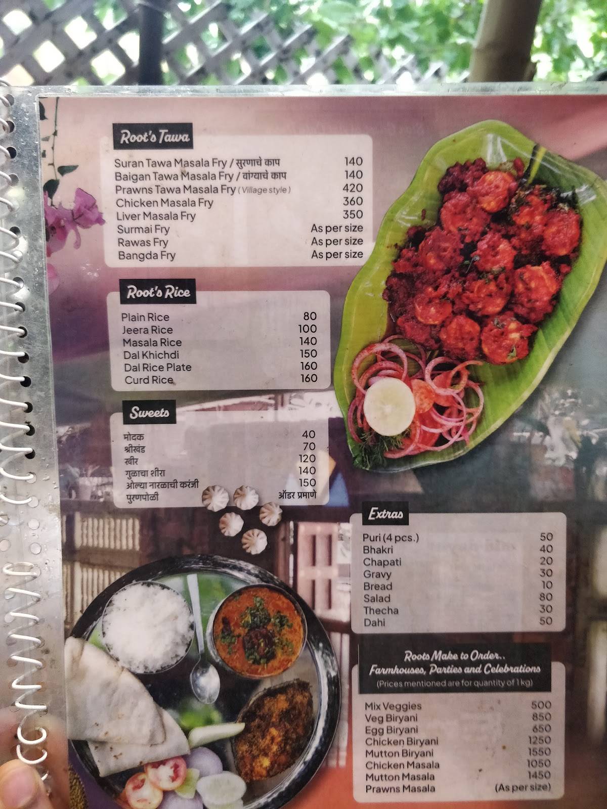 Menu at Roots Art Cafe, India