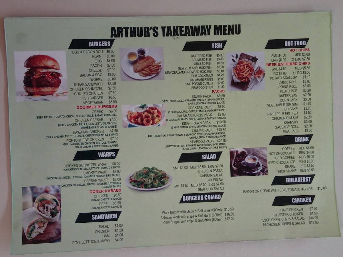Menu at Arthur's Takeaway fast food, Muswellbrook