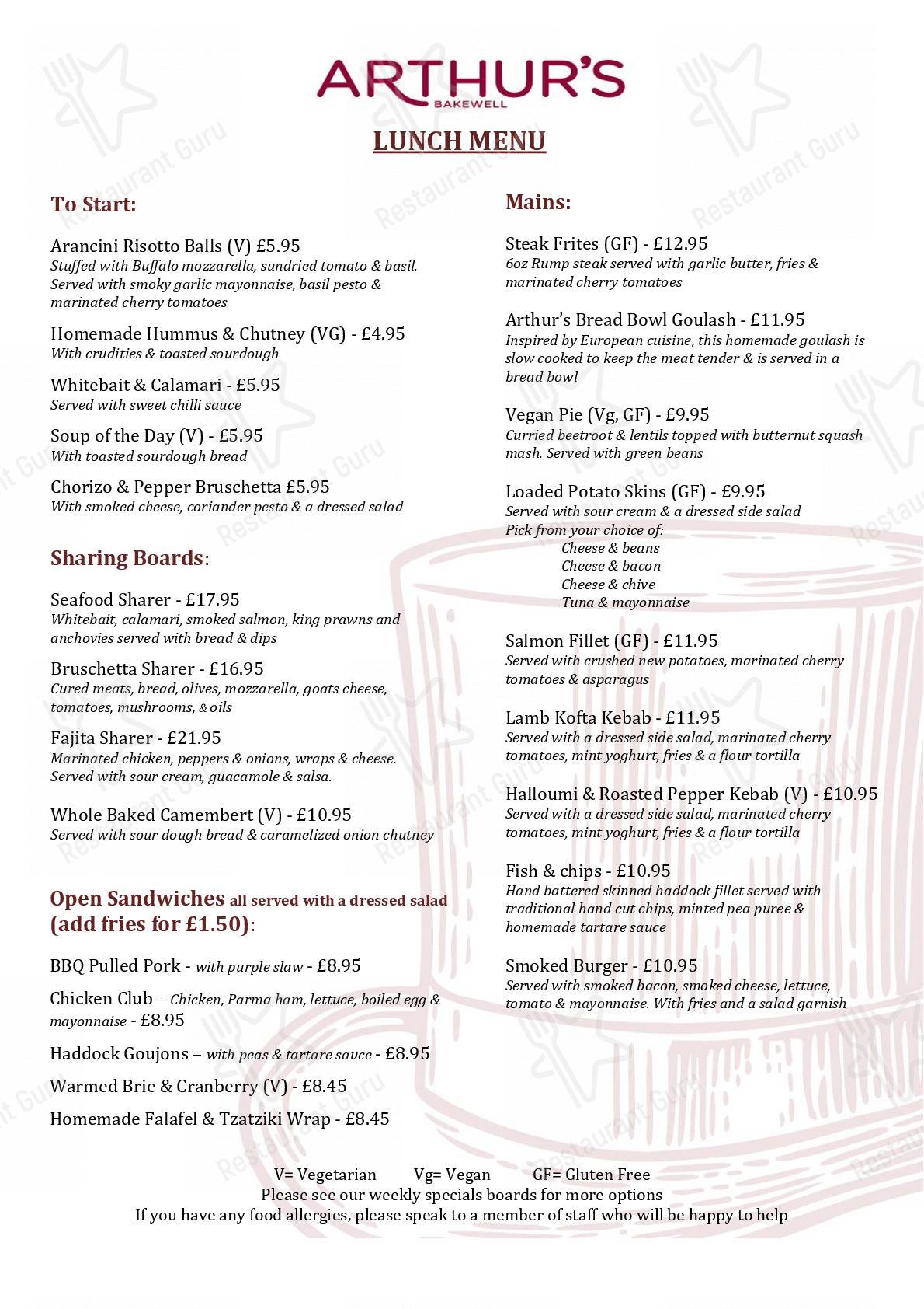 Menu at Arthur's restaurant, Bakewell