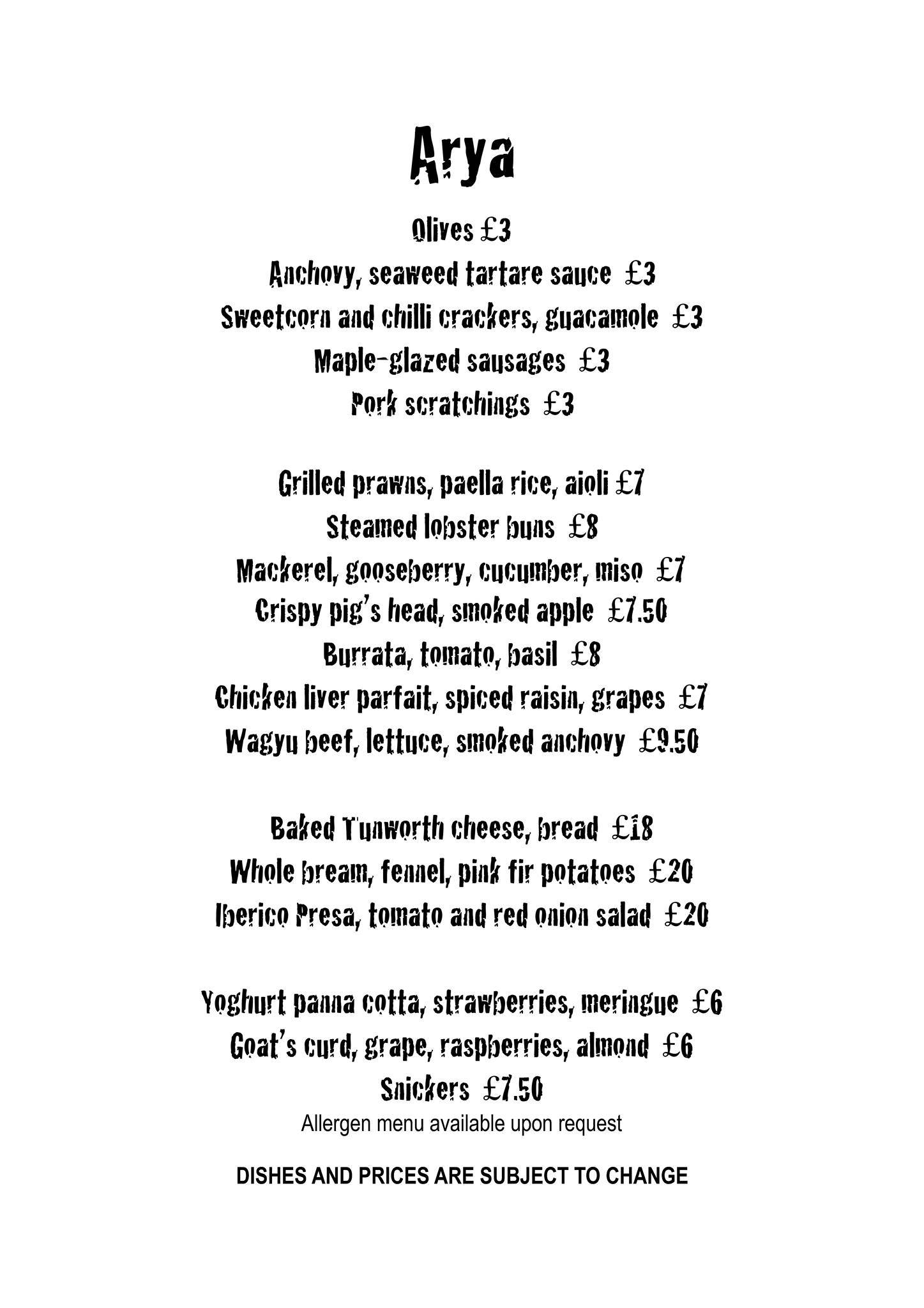 Menu at Arya Ramsgate- Small plates and Tapas Restaurant, Ramsgate