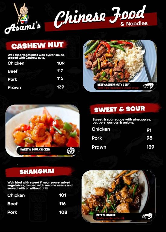 Menu at Asami's Tygervalley restaurant, Cape Town, Tyger Valley