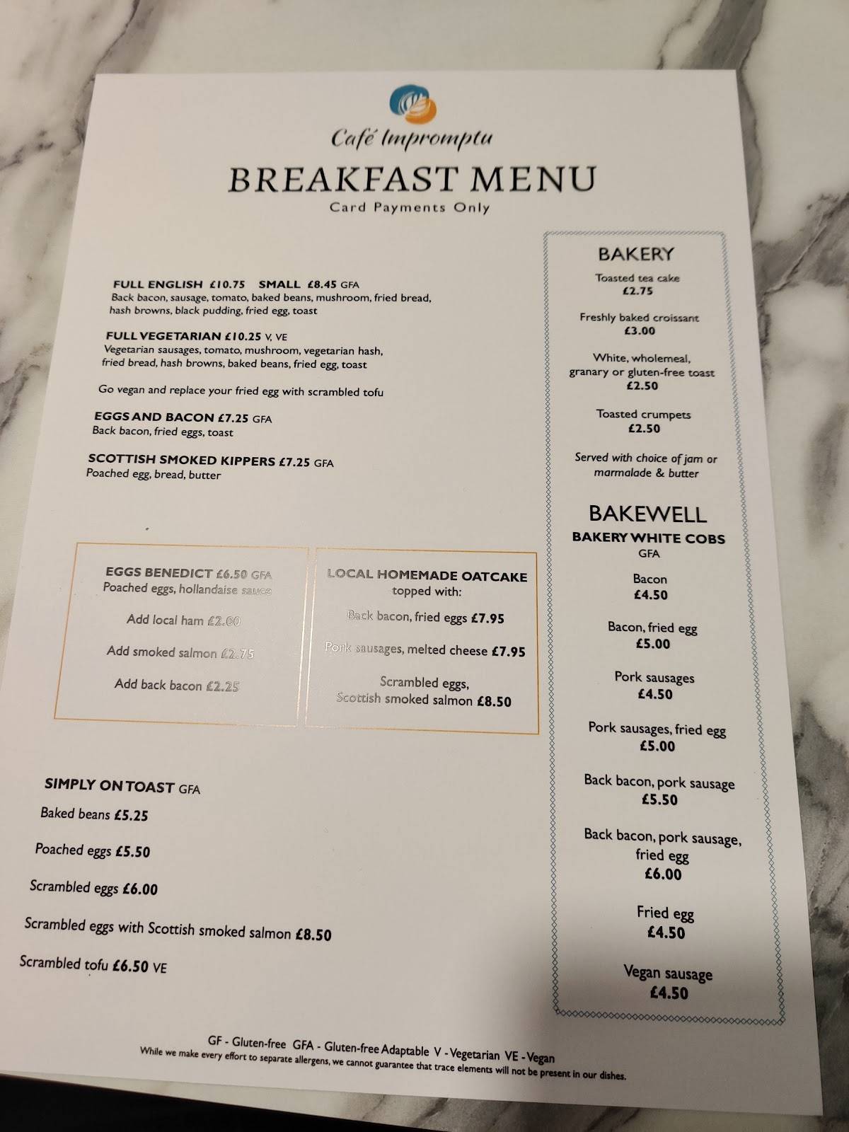 Menu at Café Impromptu cafe, Ashbourne