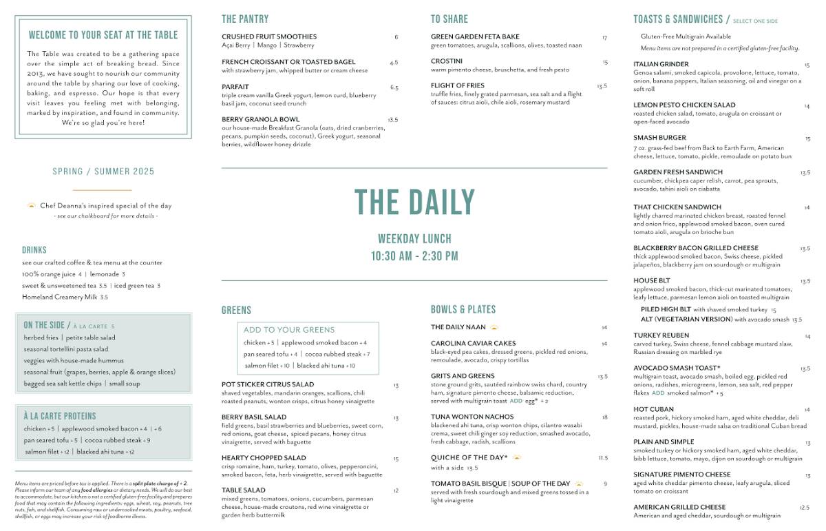 Menu at The Table restaurant, Asheboro, 139 S Church St