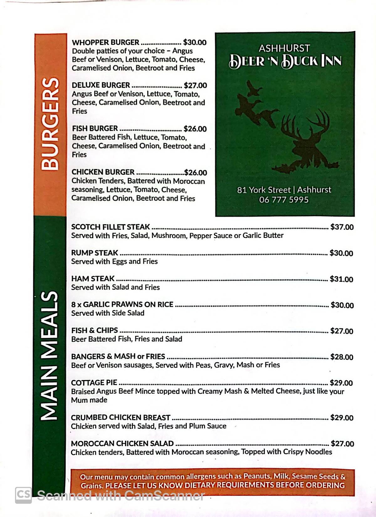 Menu at Ashhurst Deer N Duck Inn pub & bar, Ashhurst