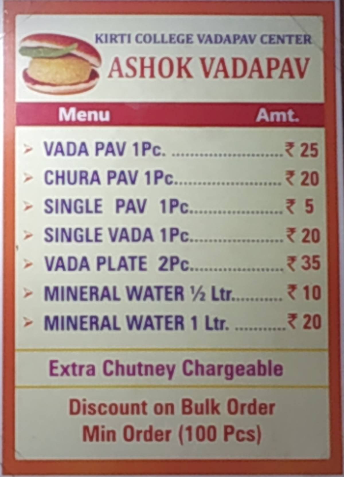 Menu at Ashok Vada Pav, Mumbai, Kashinath Dhuru Marg