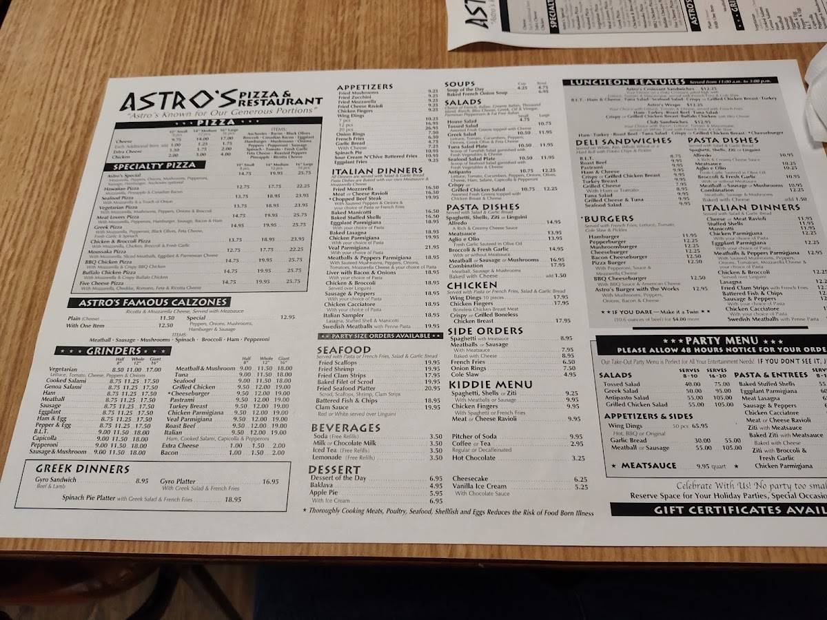 Menu at Astro's Pizza pizzeria, Enfield