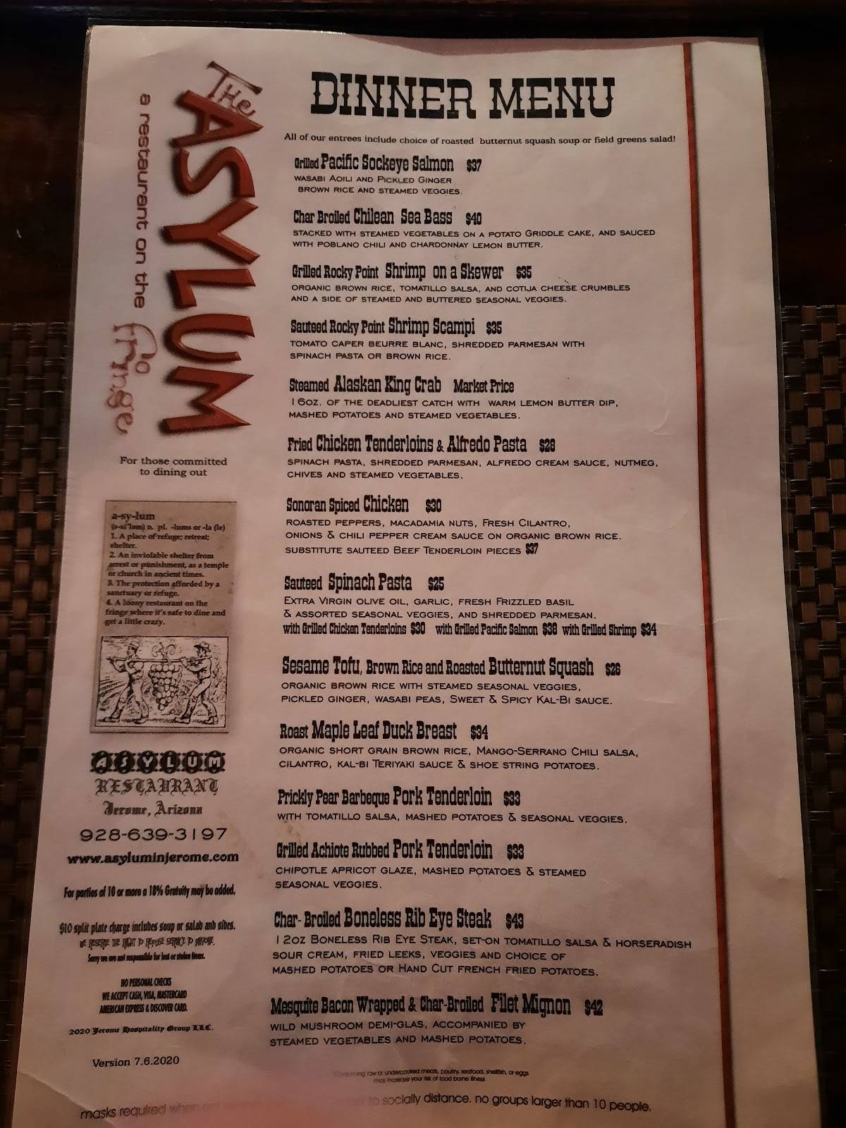 Menu at Asylum Restaurant, Jerome