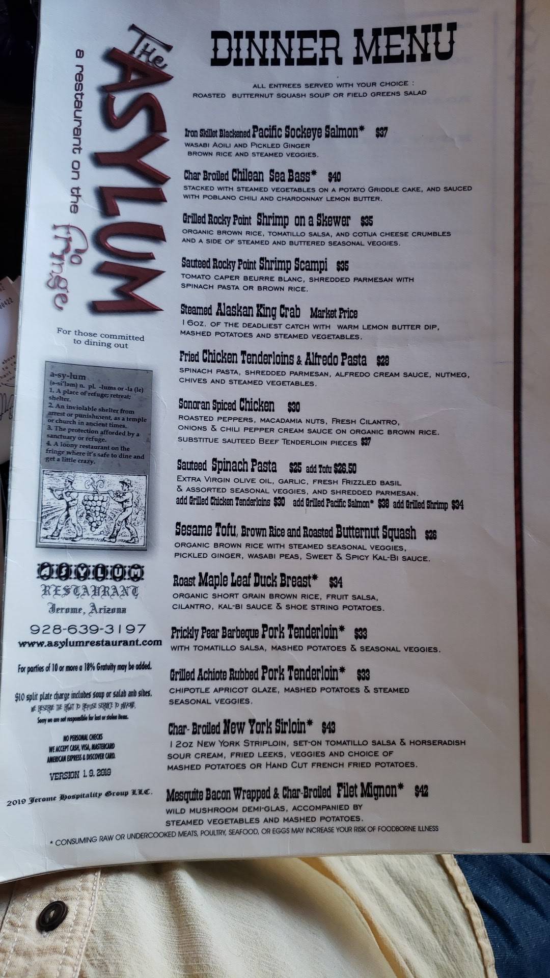 Menu at Asylum Restaurant, Jerome