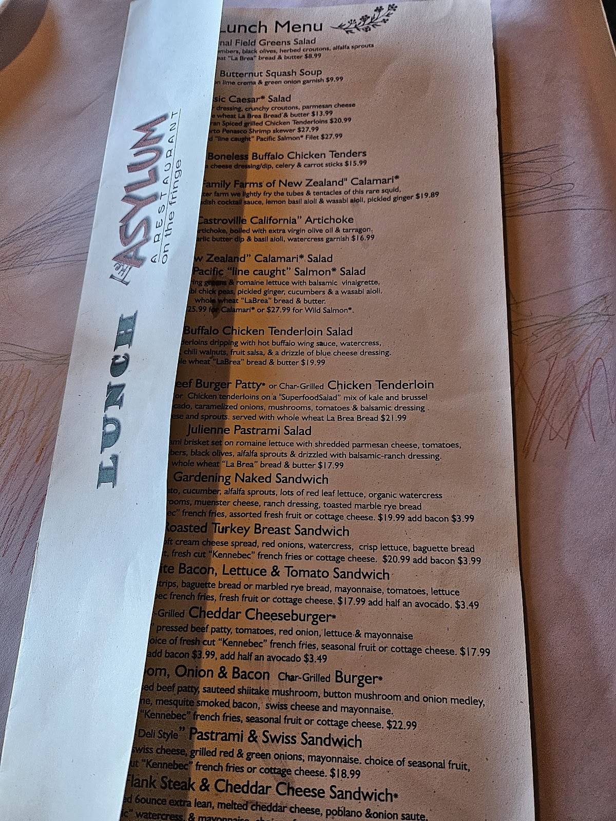 Menu at Asylum Restaurant, Jerome