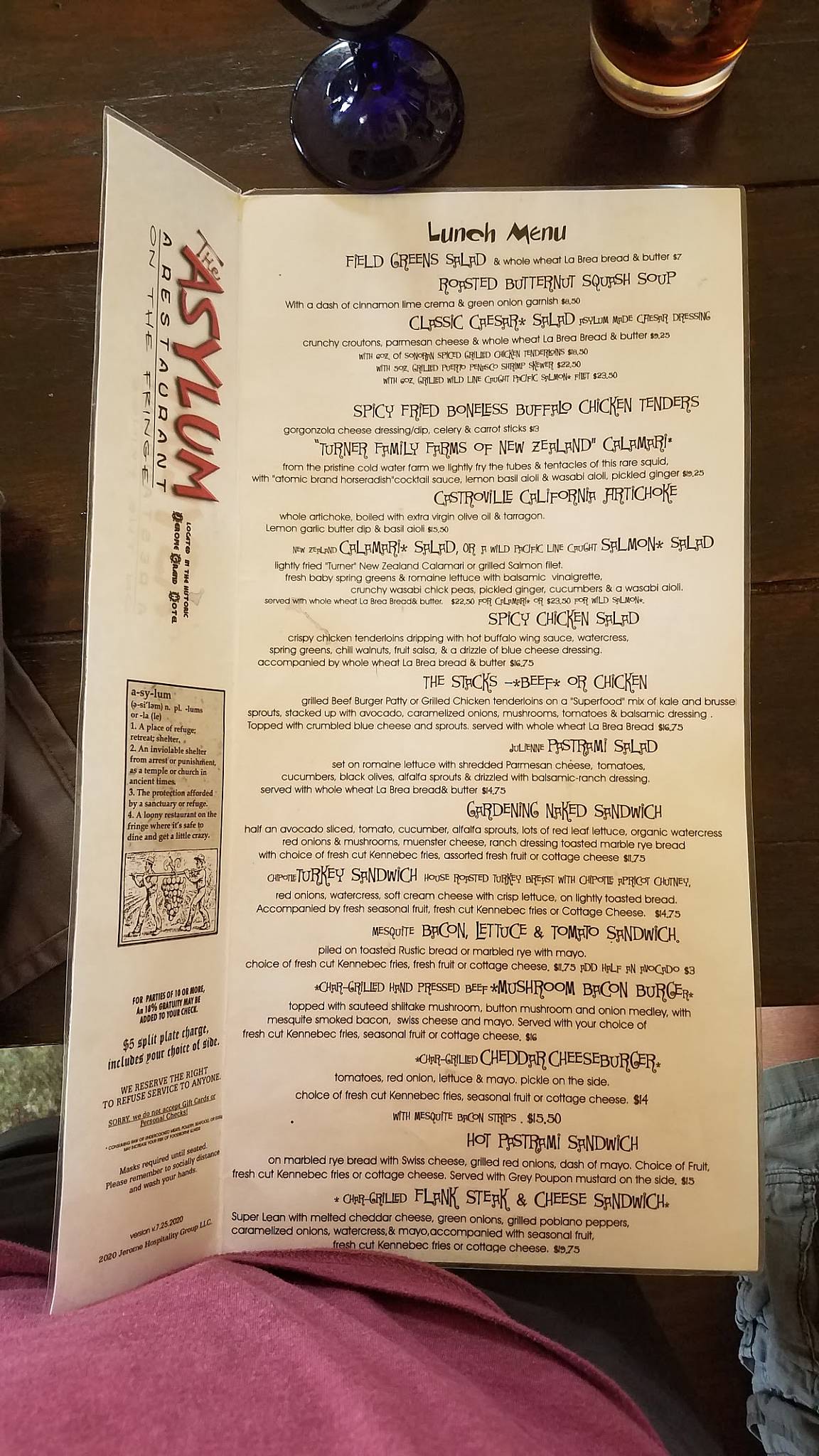 Menu at Asylum Restaurant, Jerome