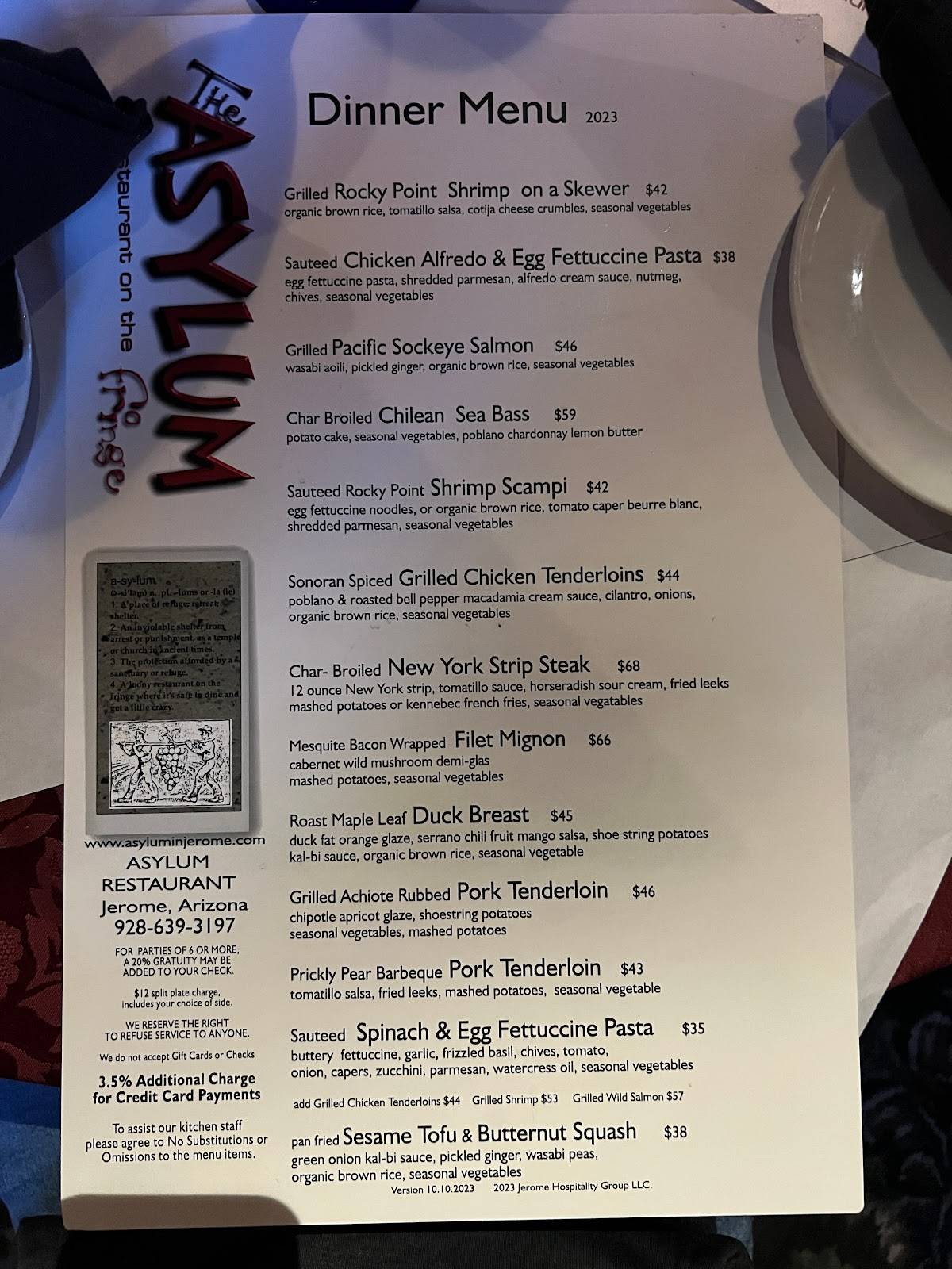 Menu at Asylum Restaurant, Jerome