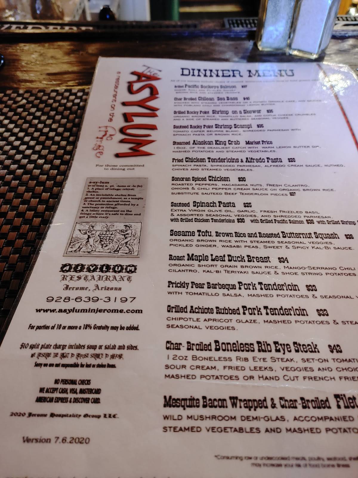 Menu at Asylum Restaurant, Jerome