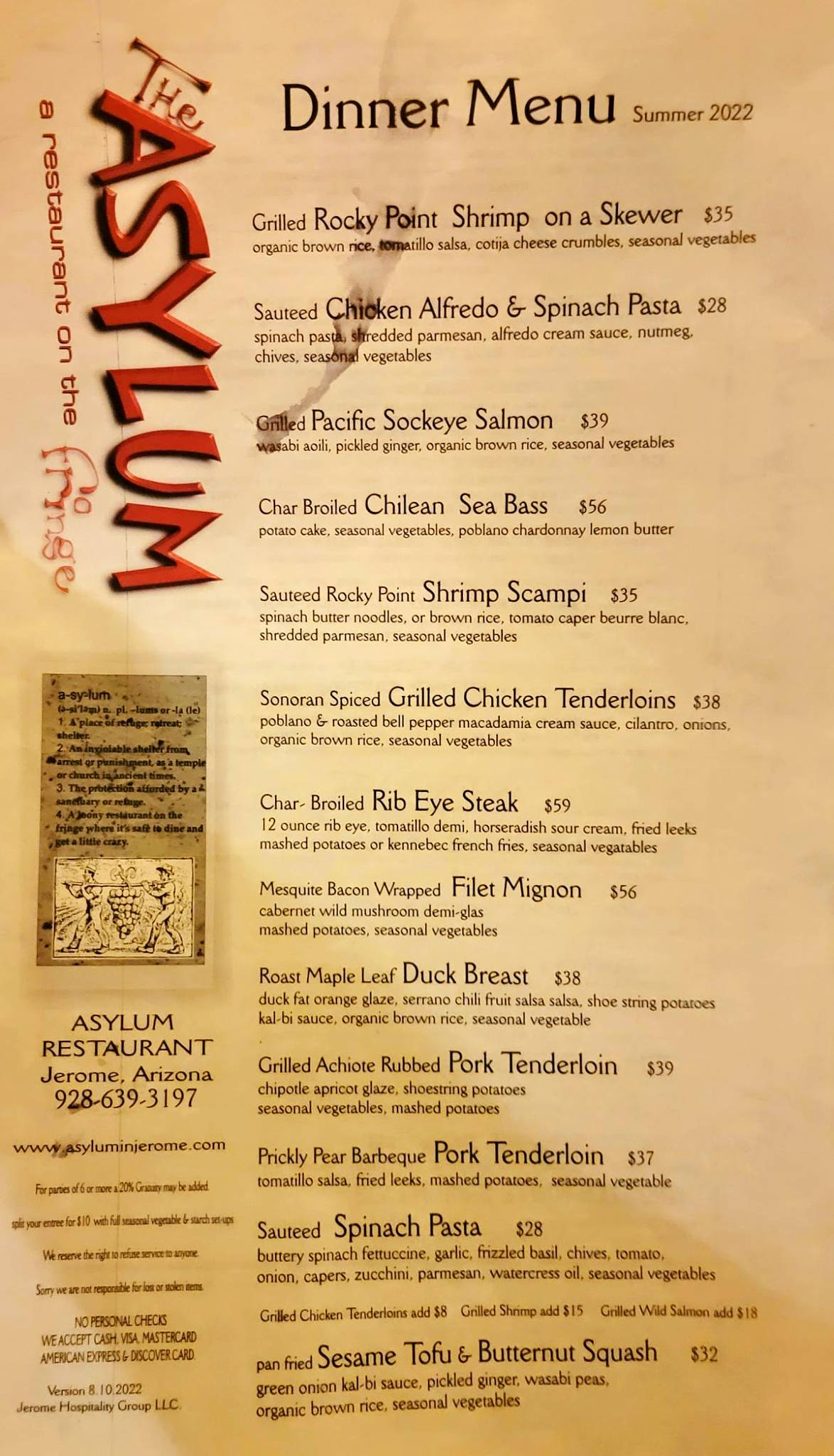 Menu at Asylum Restaurant, Jerome