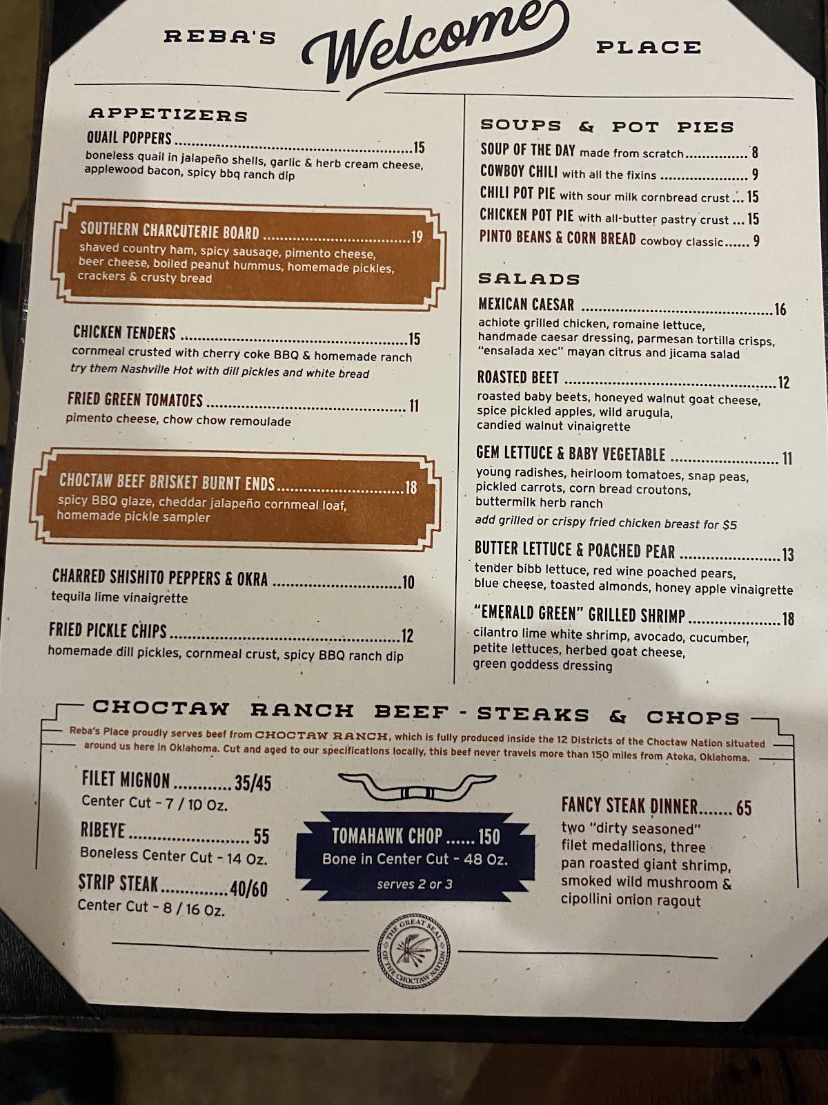 Menu at Reba's Place restaurant, Atoka
