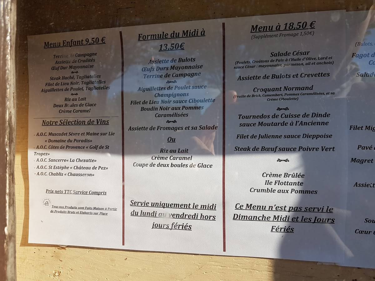 Menu au Auberge du Bac restaurant, Jumièges