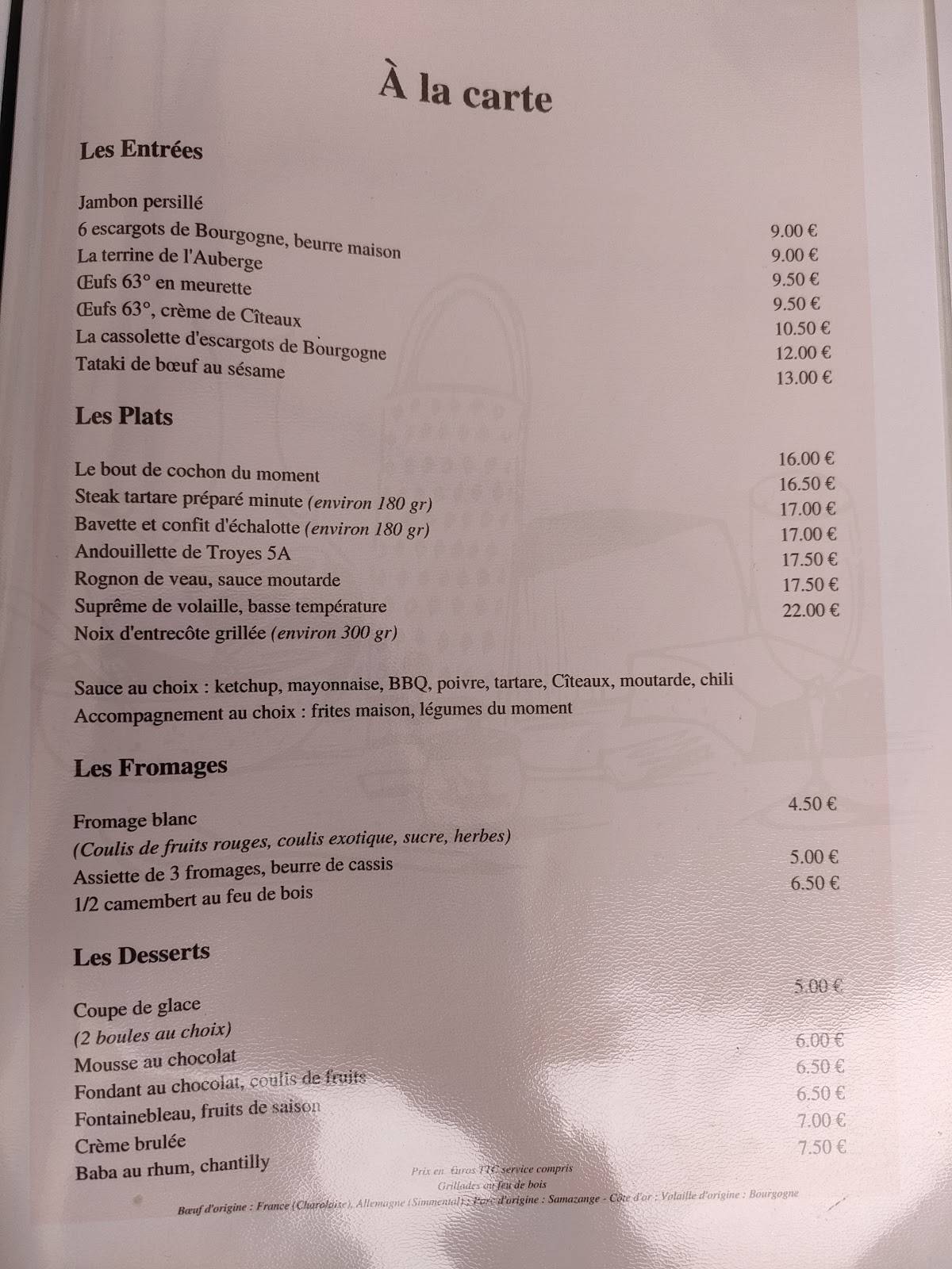 Menu au Auberge du Côteau restaurant à viande, Villars-Fontaine