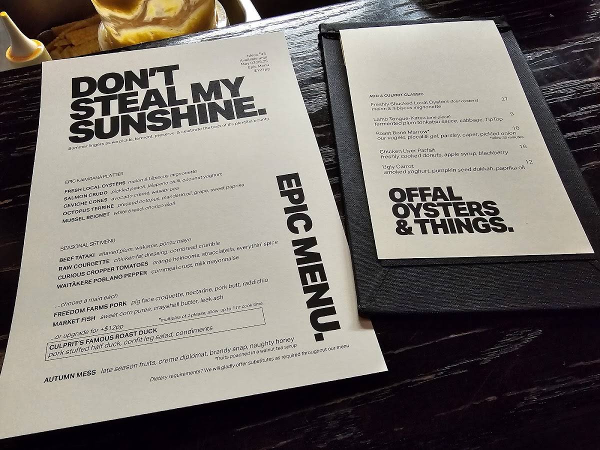 Menu at Culprit. pub & bar, Auckland