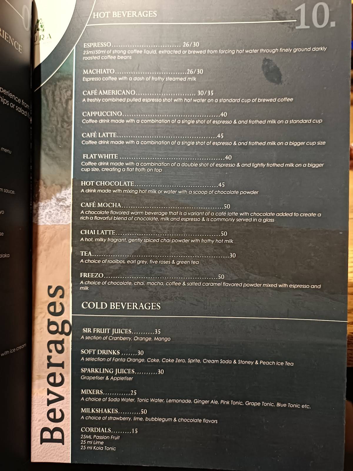 Menu at Aura on Margate Beach restaurant, Margate