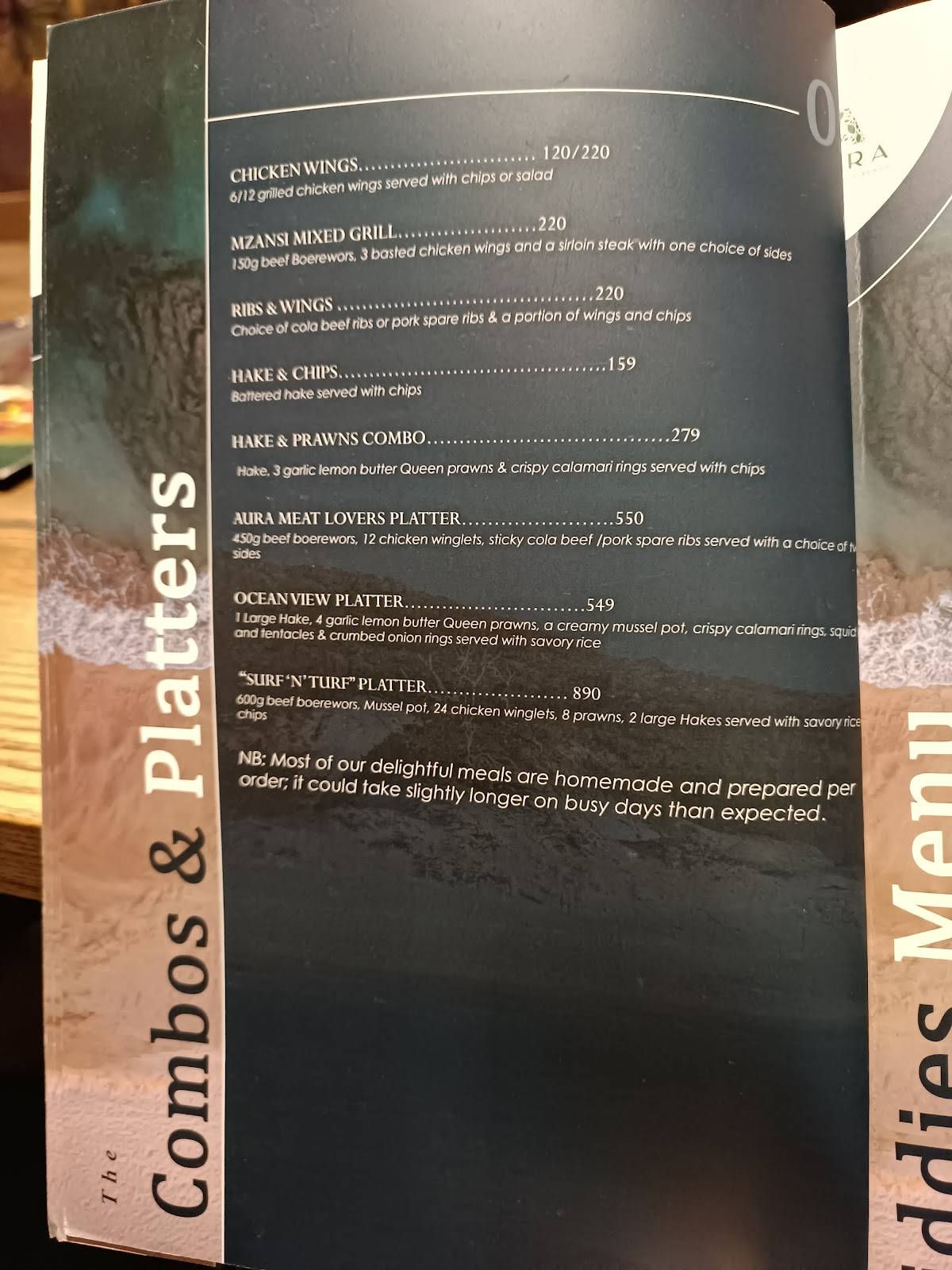 Menu at Aura on Margate Beach restaurant, Margate