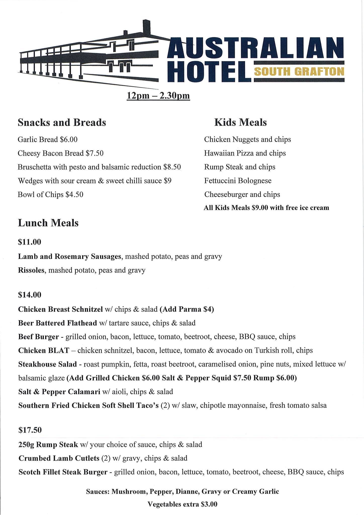 Menu at Australian Hotel, South Grafton