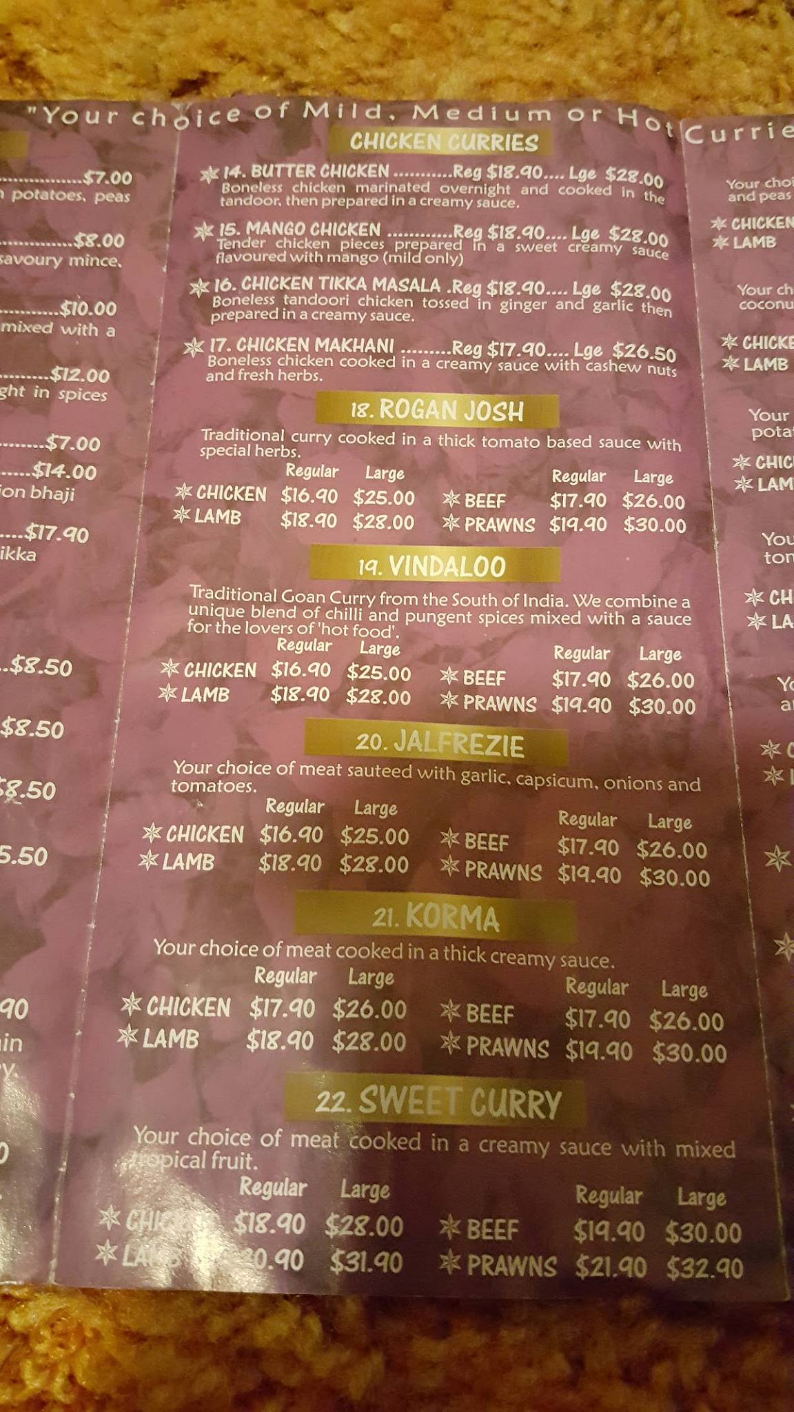 Menu at Indian Curry Bazaar & Take Away restaurant, Avoca