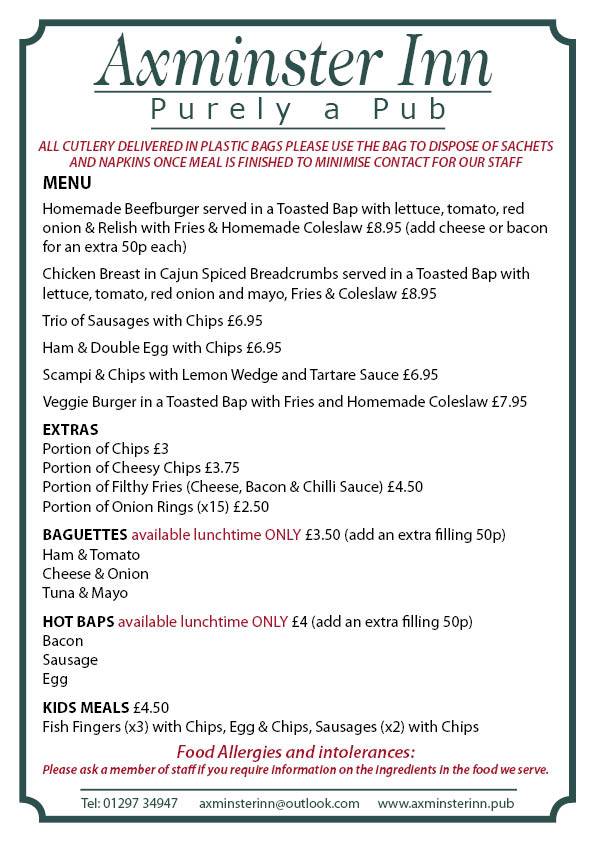 Menu at Axminster Inn pub & bar, Axminster, 1 Silver St