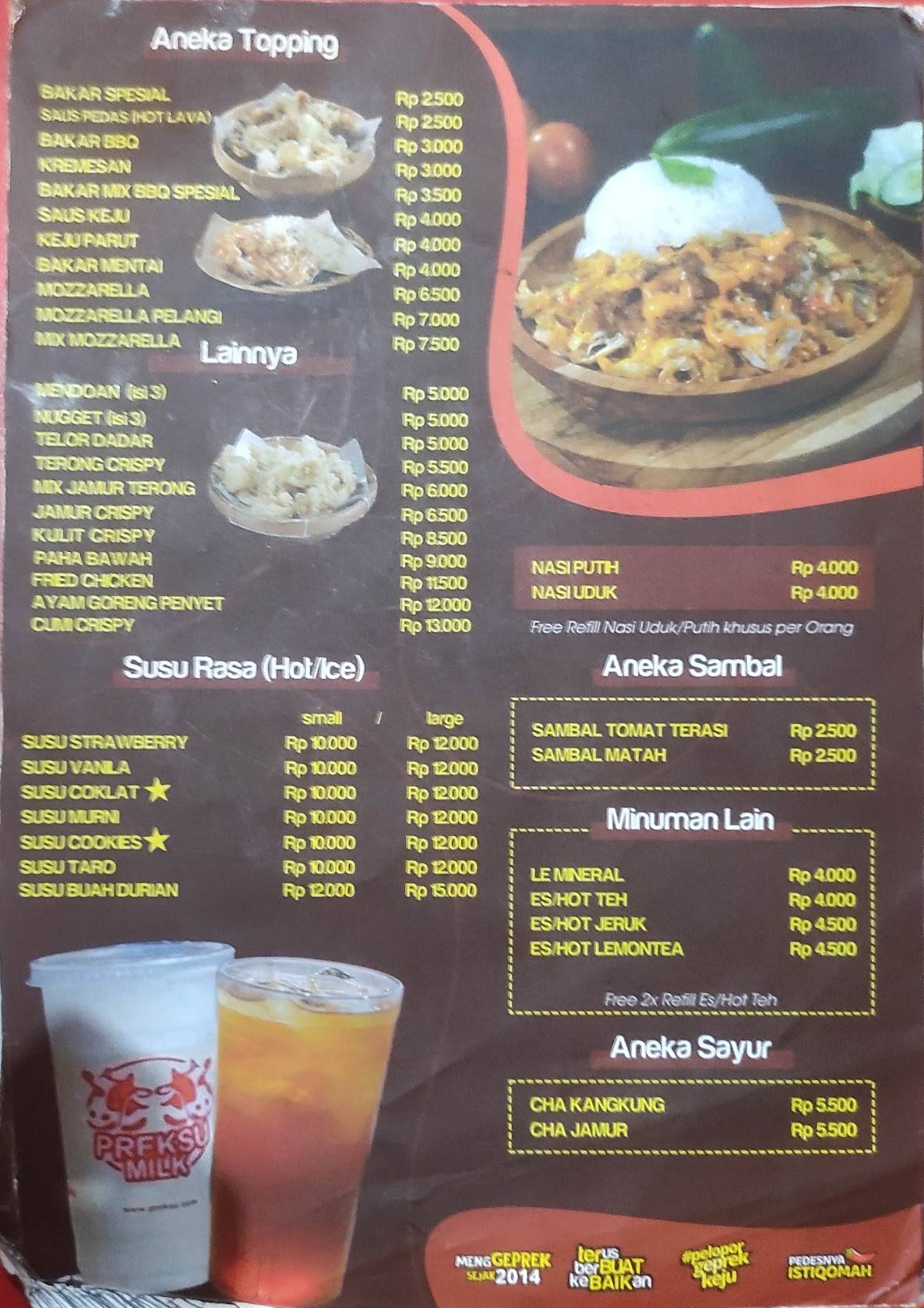 Menu at Ayam Geprek & Susu (PREKSU) restaurant, Malang